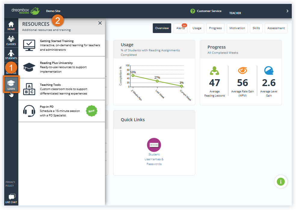 Reading Educator Dashboard: Where to find Resources and Support (Educators) – DreamBox Learning