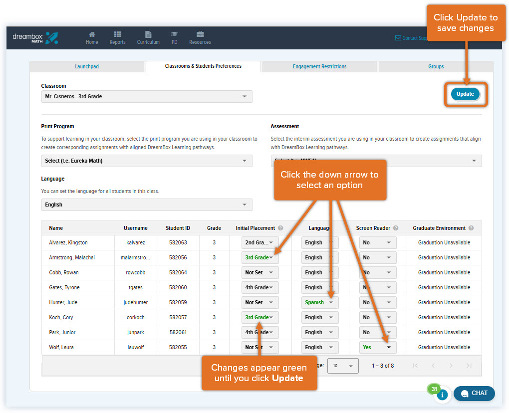 DreamBox Math Educator Dashboard: Edit Student Details – DreamBox Learning
